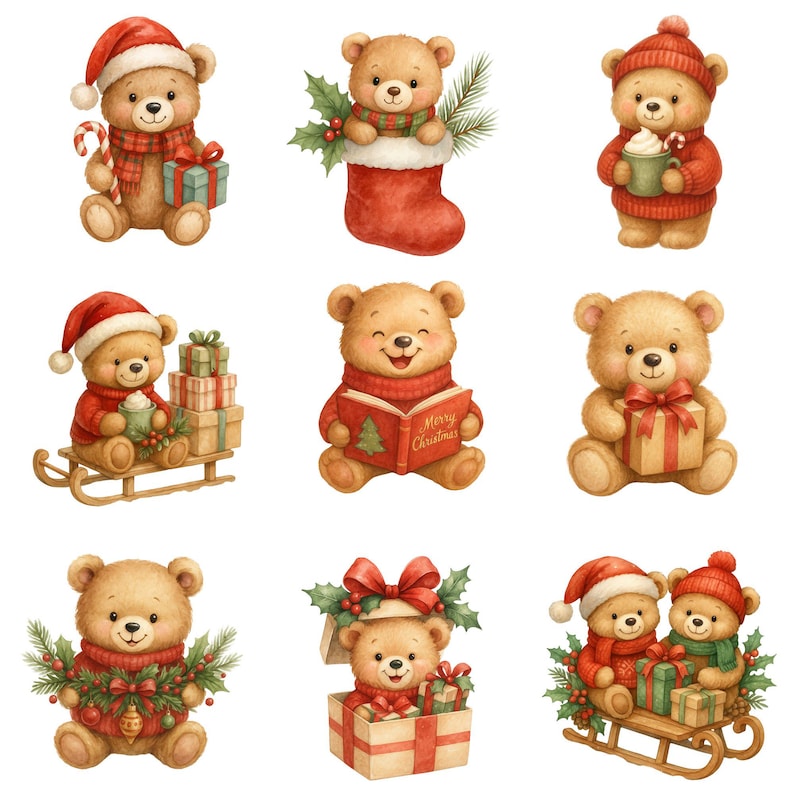 Watercolor Christmas Bear Clipart Set, Teddy Bears PNG (digital ...