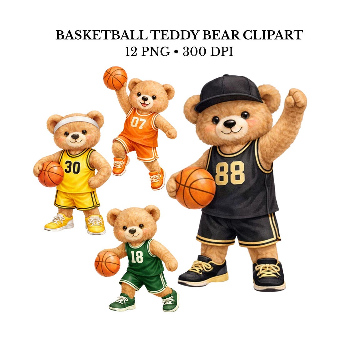 Watercolor Basketball Teddy Bear Clipart, Sports Jersey PNG (digital ...
