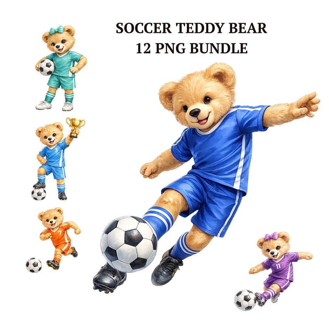 Soccer Teddy Bear Clipart Bundle, Watercolor Sports Bears (digital ...