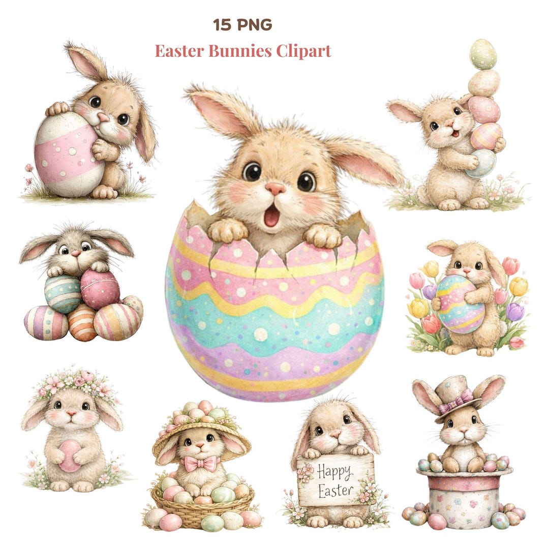 Watercolor Easter Bunny Clipart – 15 PNG Illustrations (digital ...