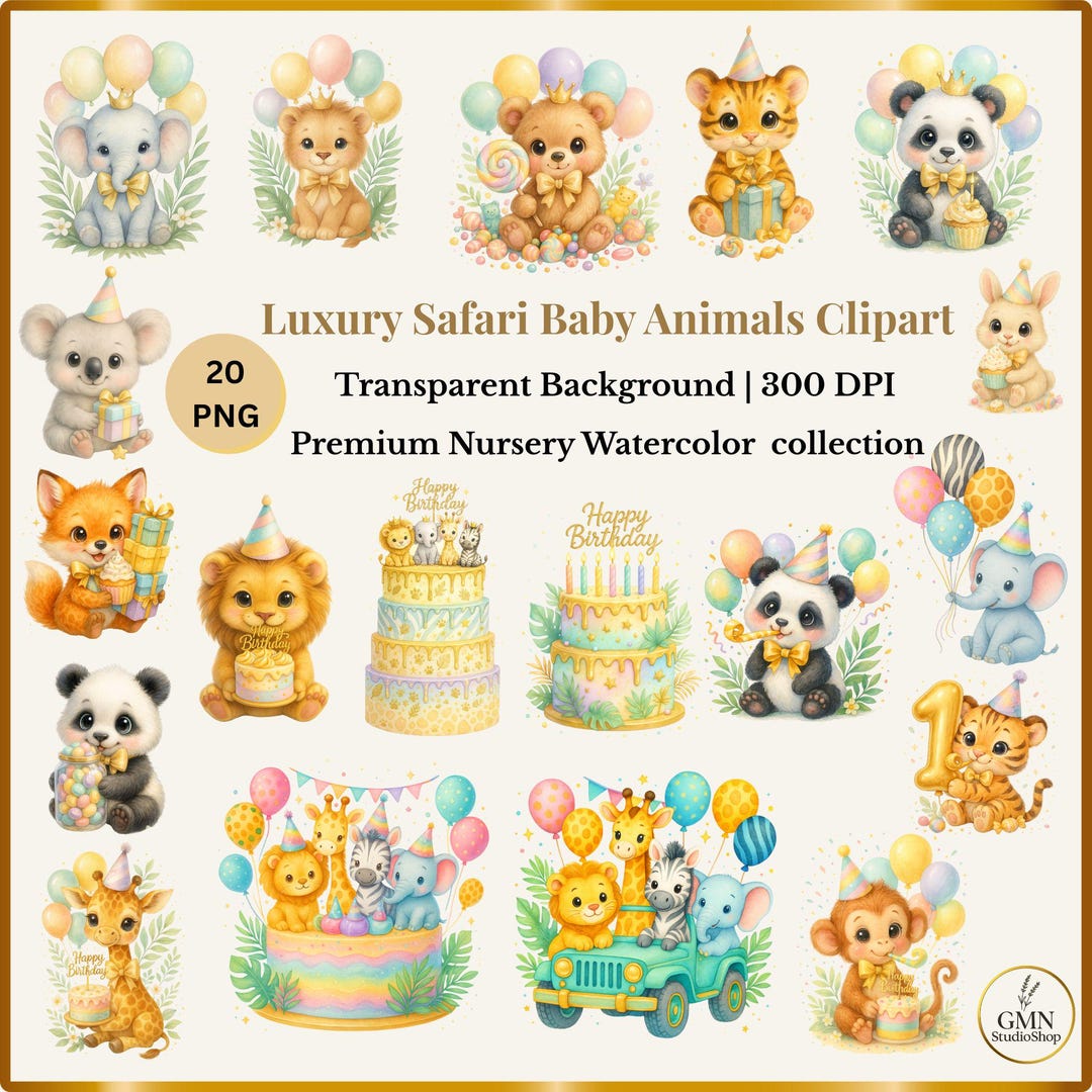 Safari Animals Birthday Clipart, Watercolor Jungle PNG (300 DPI) - Etsy