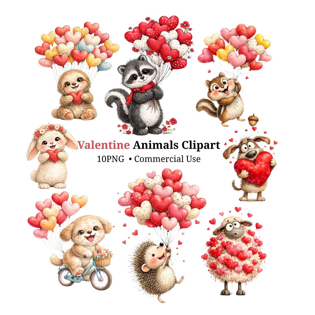 Valentine Animals Clipart PNG Bundle, Cute Whimsical Valentine Animals ...