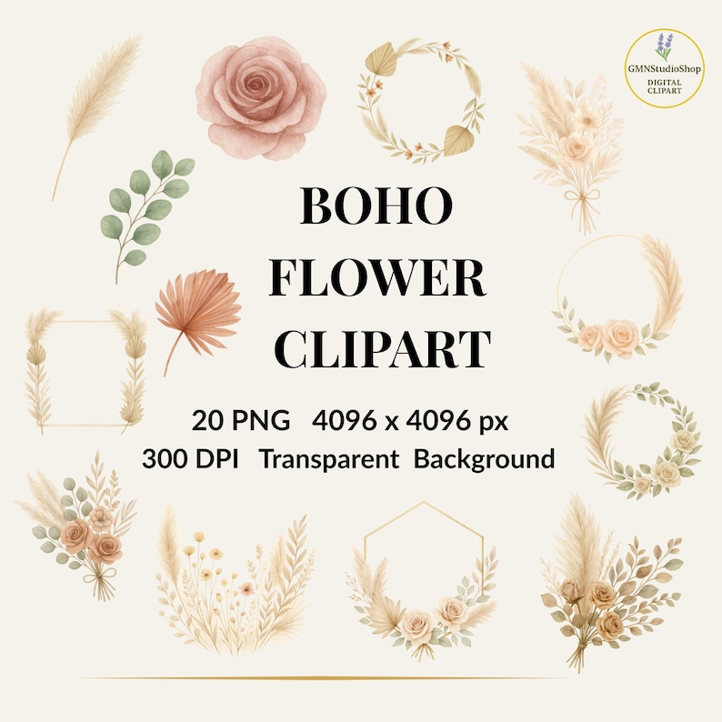 Boho Watercolor Flower Clipart, 20 PNG Earth Tone Floral Elements ...