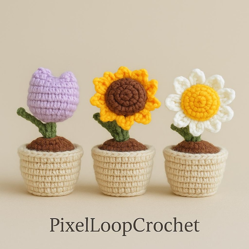 Crochet Flower Pot Patterns PDF: Tulip, Sunflower, Daisy Amigurumi ...