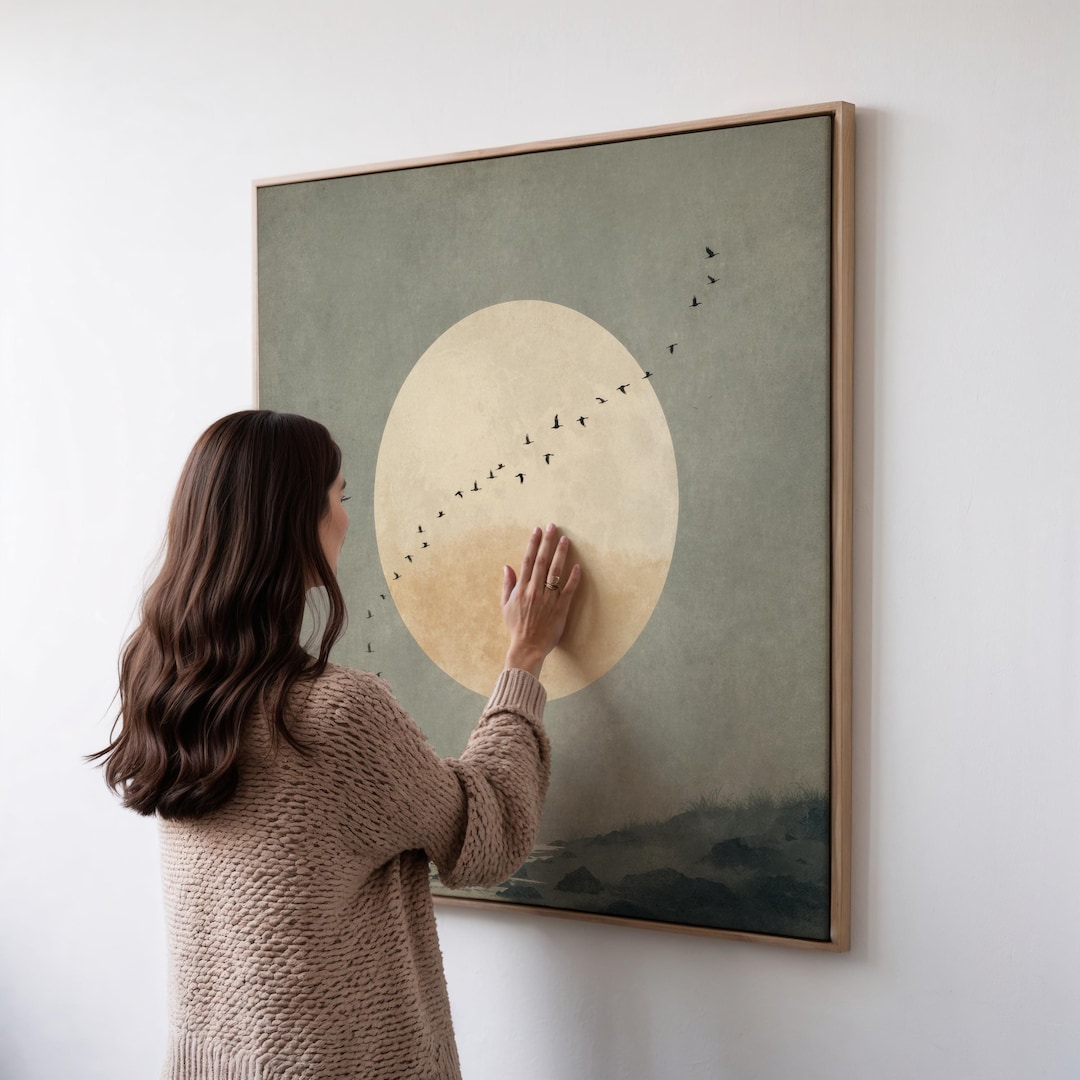 Moon Portrait Canvas Wall Art - Framed Ukiyo-e Birds Print, Neutral ...
