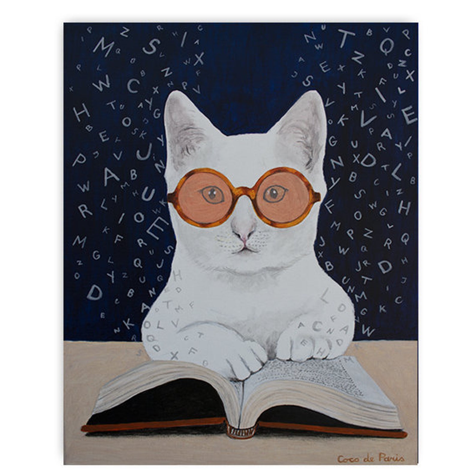 Cat Reading Book Artwork Printed on Real Vintage Paper From | Etsy