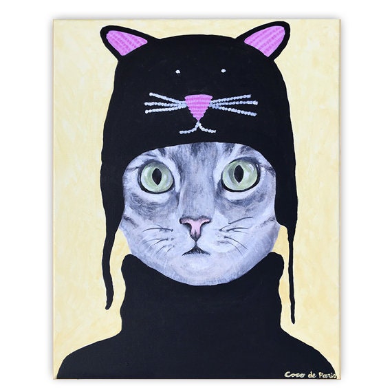 Cat With Cat Cap Artwork Printed on Real Vintage Paper From - Etsy