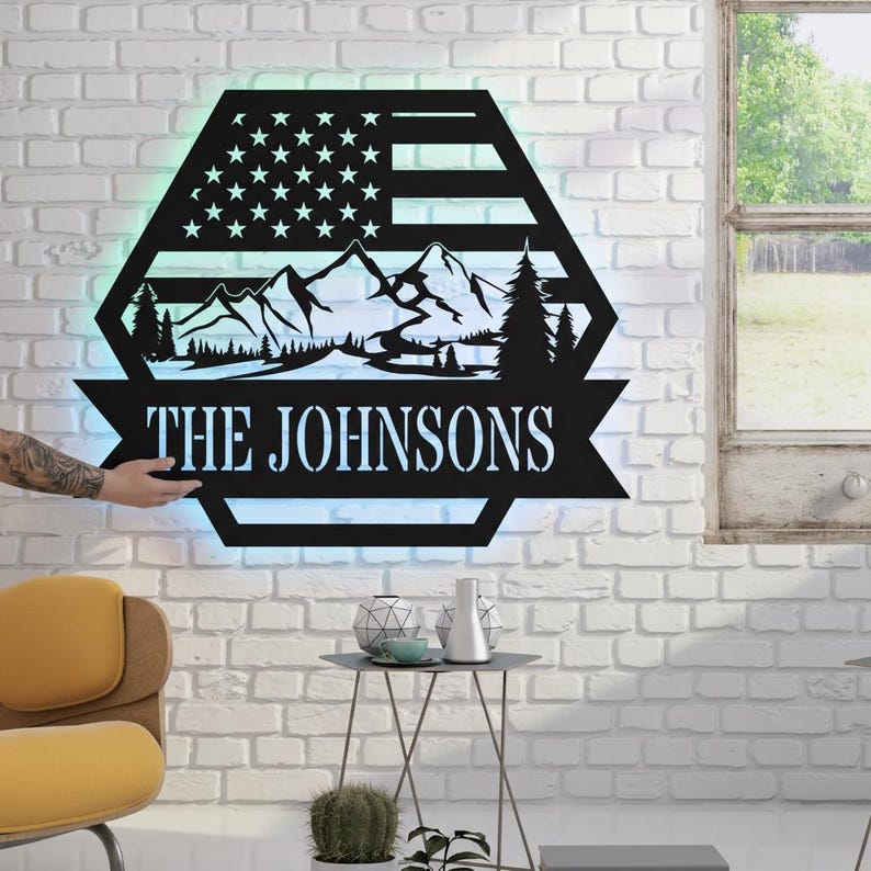 Personalized Metal American Flag Wall Art – Custom Name Mountain Cabin ...