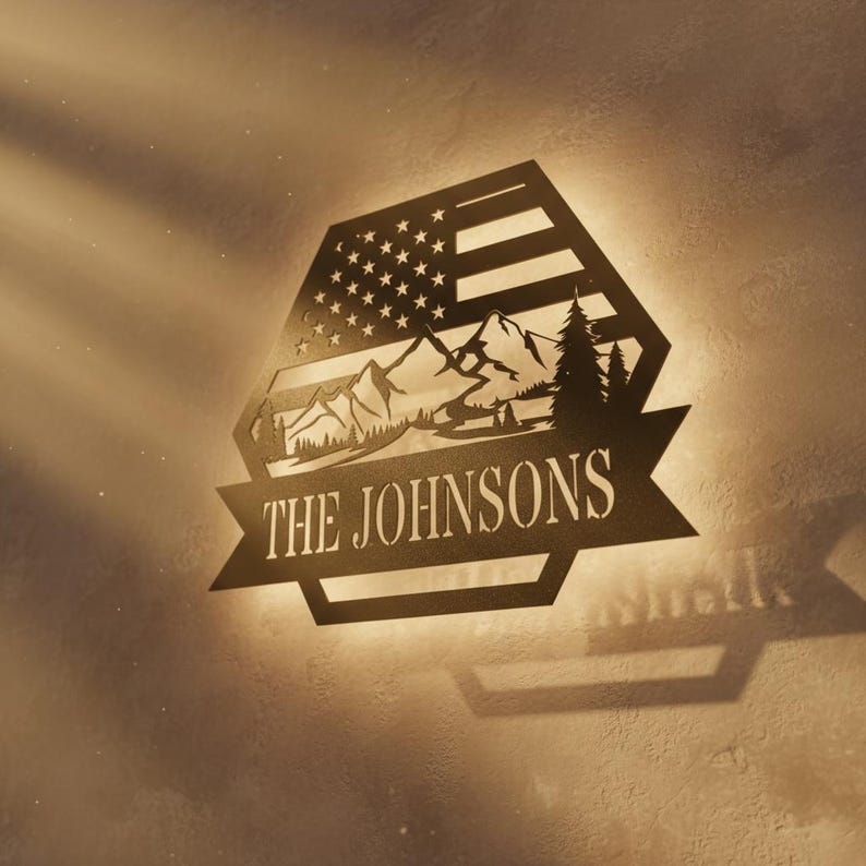 Personalized Metal American Flag Wall Art – Custom Name Mountain Cabin ...