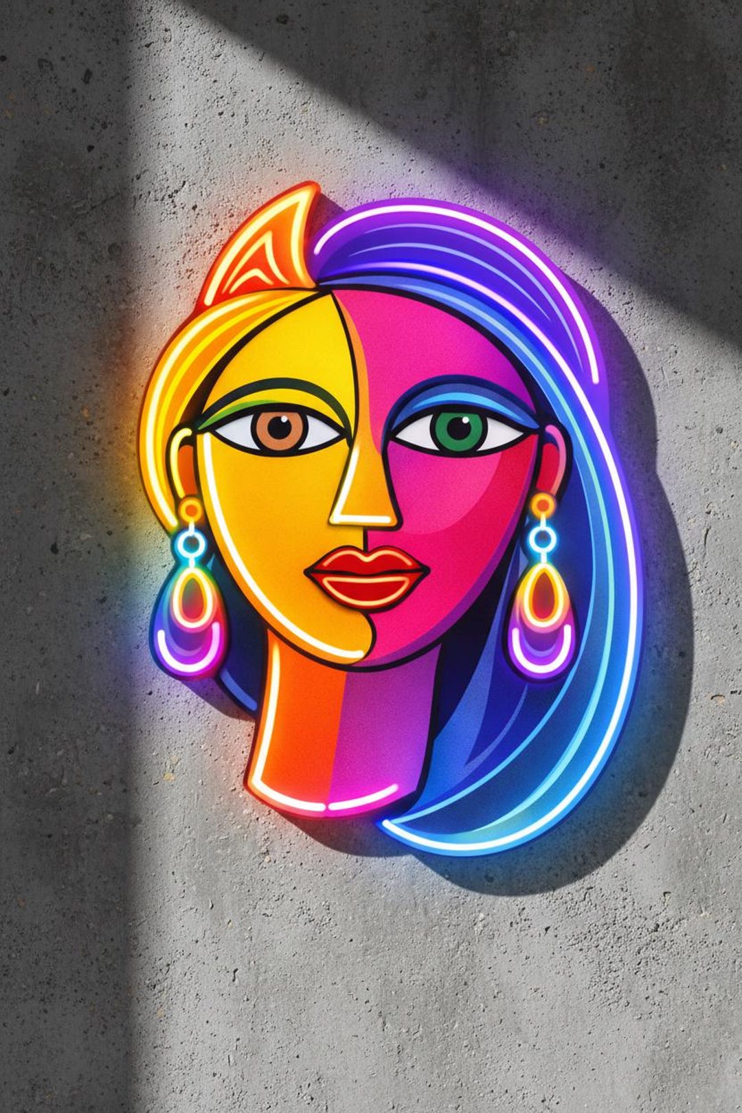 Cubist Face Neon Abstract Sign, Neonled Line Art -uv Print - Etsy