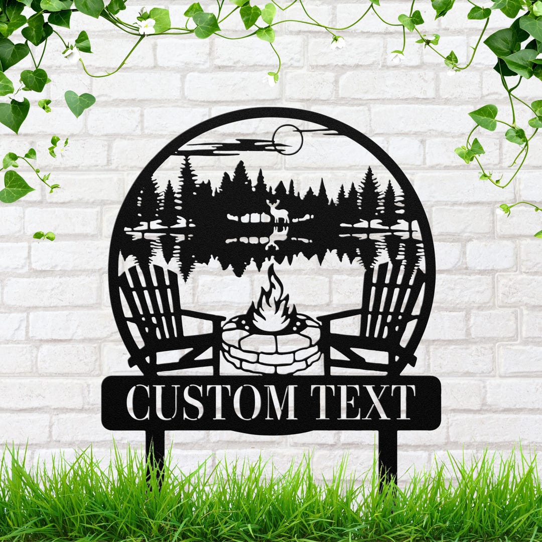 Rustic Campfire Metal Garden Sign, Personalized Die-cut Deer and Cabin ...