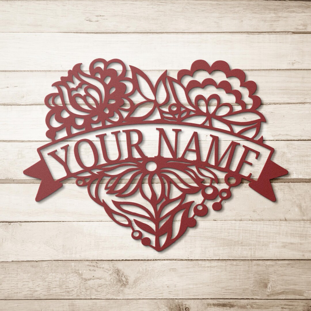 Personalized Floral Heart Metal Sign, Custom Name Die-cut Wall Art ...