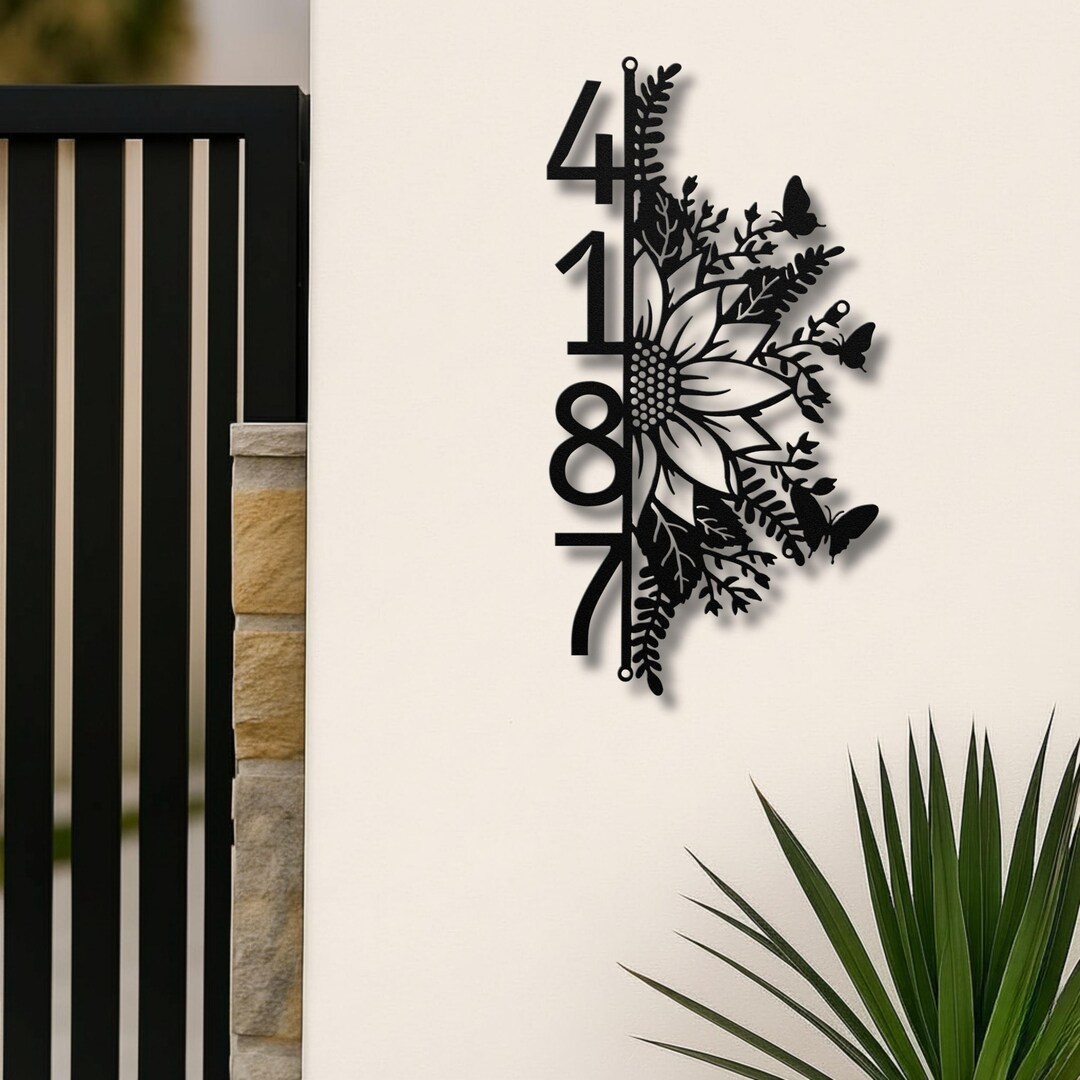 Vertical Sunflower Metal Address Sign, Custom House Numbers, Floral ...