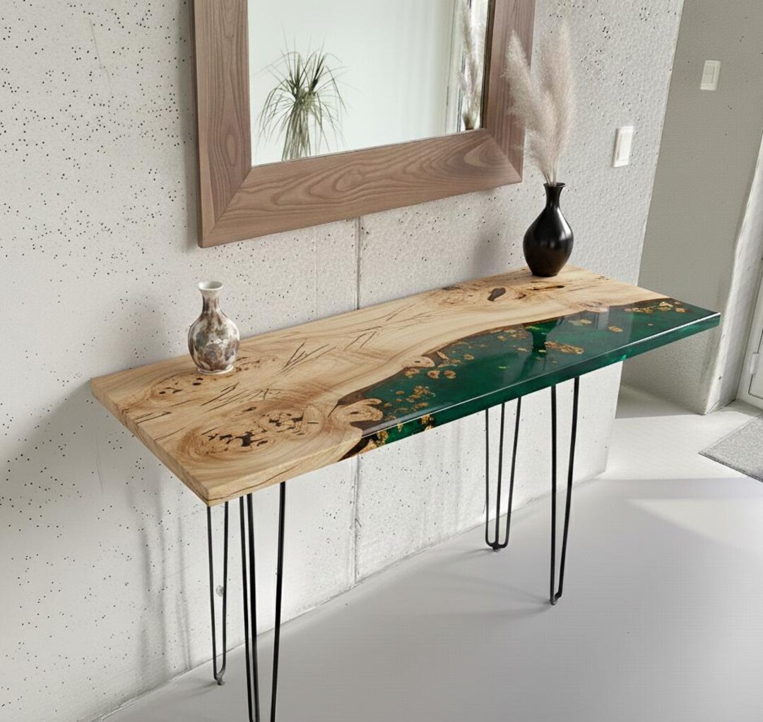 Handcrafted Live Edge Wood Console Table With Green Epoxy Resin River ...