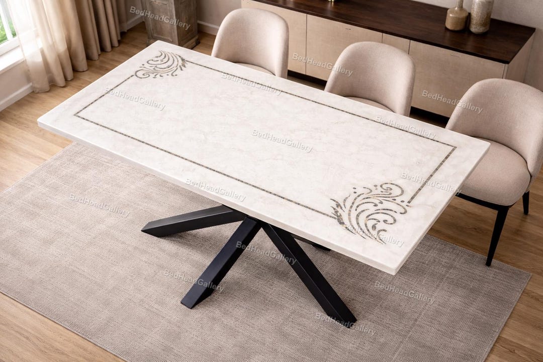 White Marble Dining Table Floral Border Inlay Modern Table for Home ...