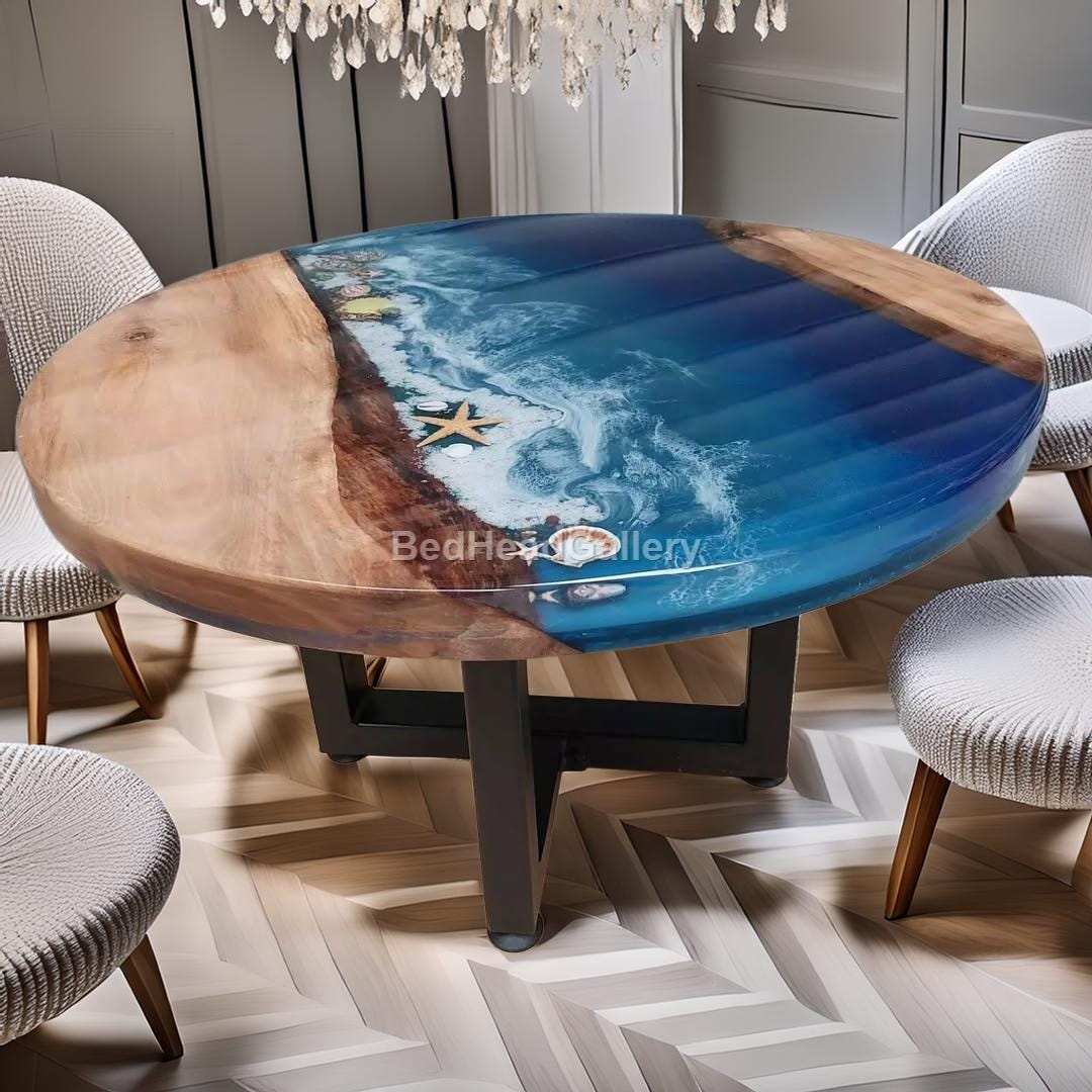 Ocean Blue Epoxy Round Table | Handmade Live Edge Wood River Dining ...