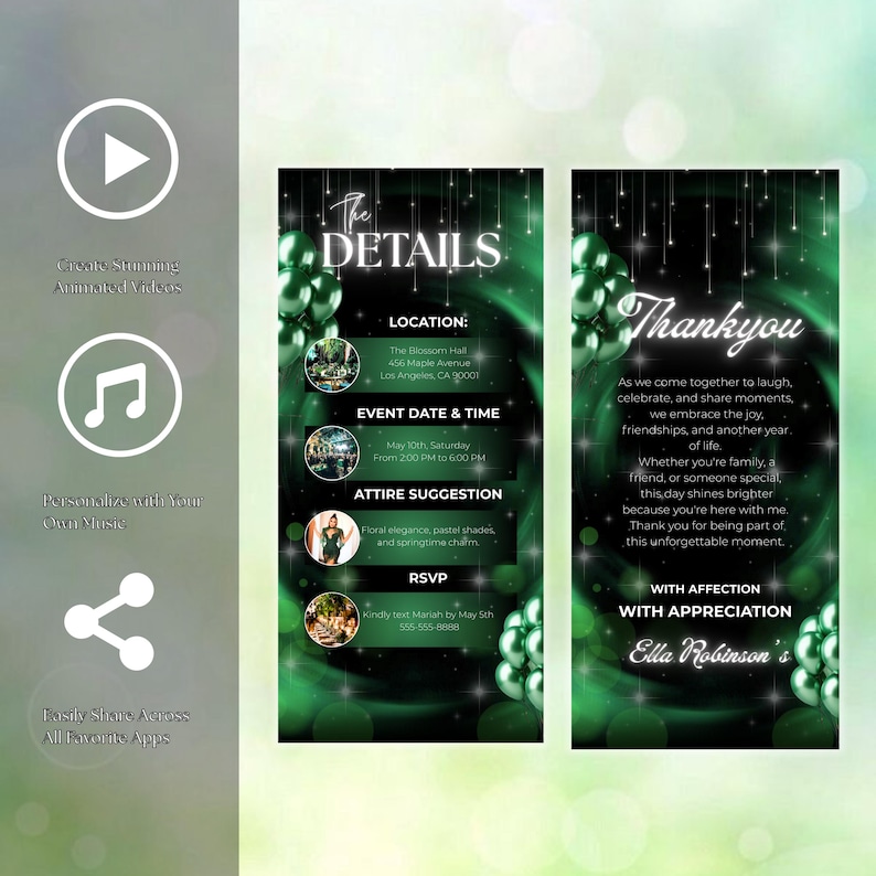 Green Gold Birthday Dinner Invitation, Animated Evite, Canva Editable ...
