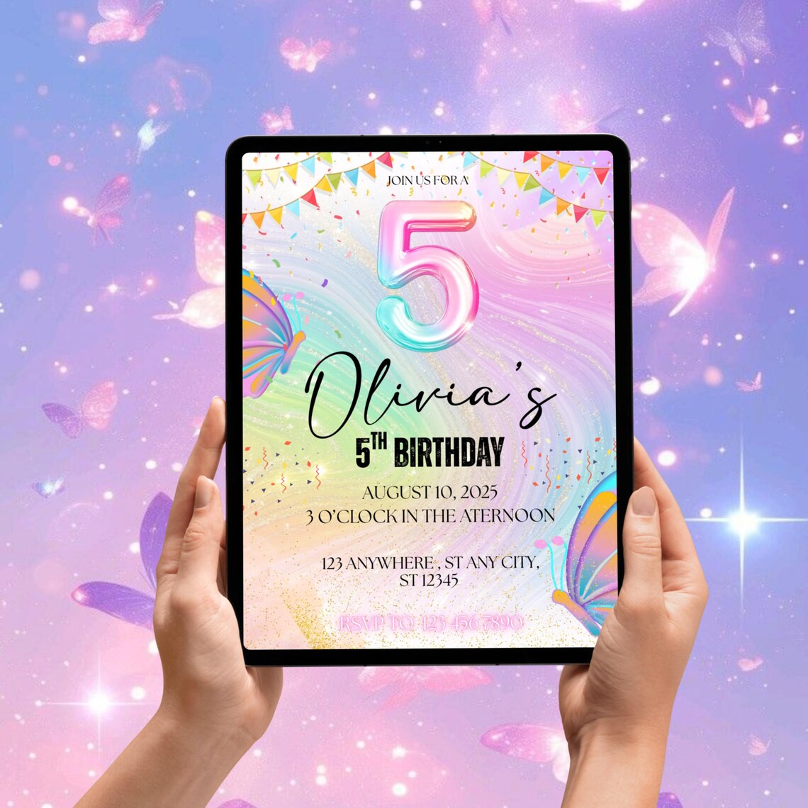 Rainbow Sequin 5th Birthday Invitation, Pink Five Birthday Invitation ...