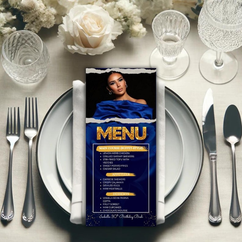 Birthday Menu Template Blue, Printable Birthday Dinner Party Menu Gold ...