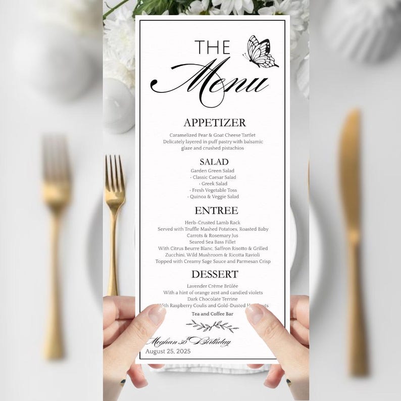 Dinner Food Menu Card TEMPLATE for Birthday or Wedding, Elegant ...