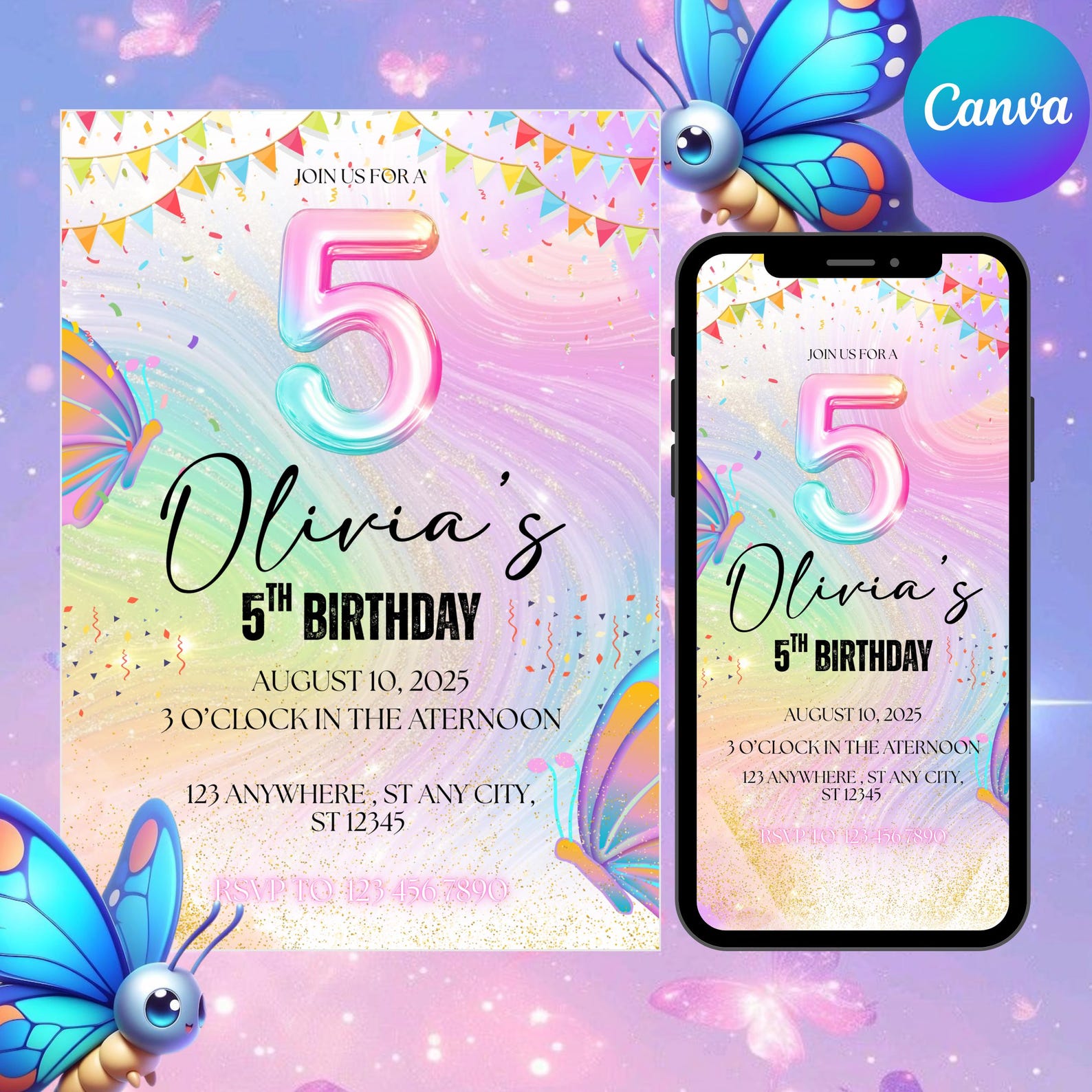 Rainbow Sequin 5th Birthday Invitation, Pink Five Birthday Invitation ...