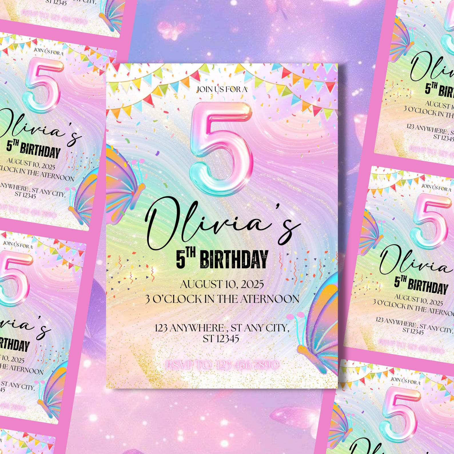 Rainbow Sequin 5th Birthday Invitation, Pink Five Birthday Invitation ...