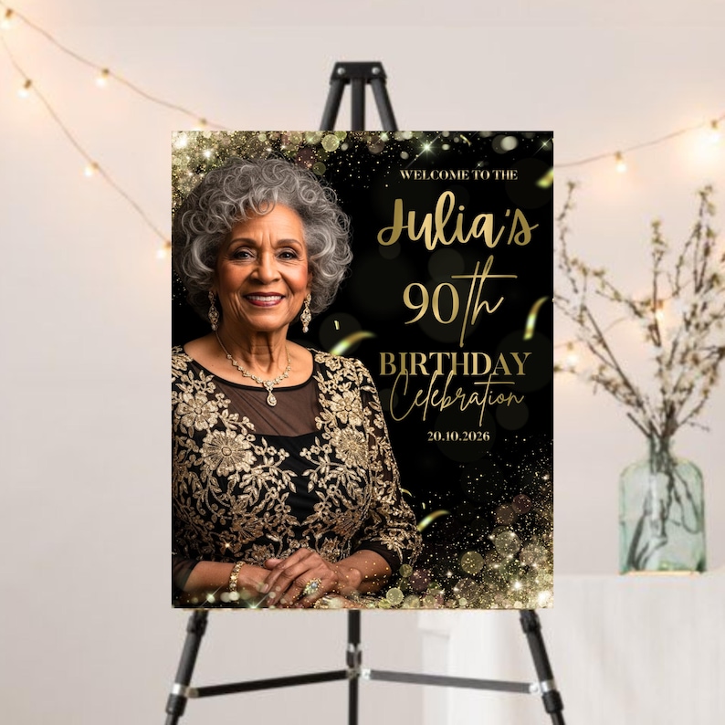 90th Birthday Welcome Sign, Elegant Party Decor, Canva Editable Poster ...