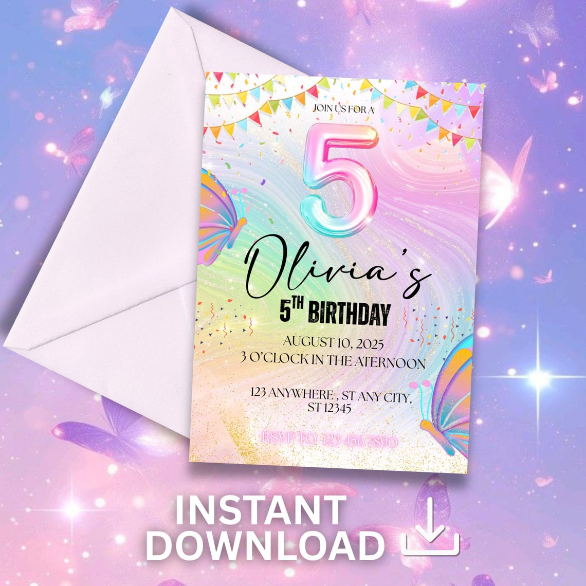 Rainbow Sequin 5th Birthday Invitation, Pink Five Birthday Invitation ...