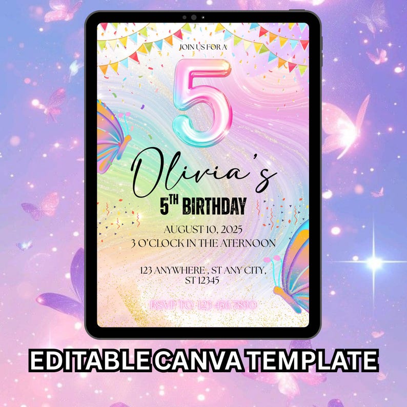 Rainbow Sequin 5th Birthday Invitation, Pink Five Birthday Invitation ...