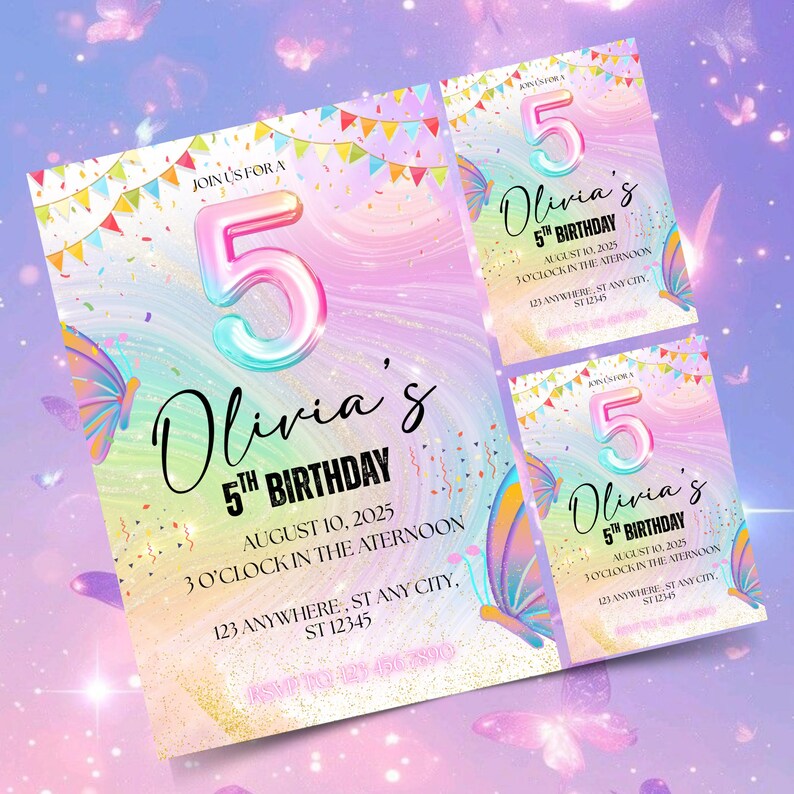 Rainbow Sequin 5th Birthday Invitation, Pink Five Birthday Invitation ...