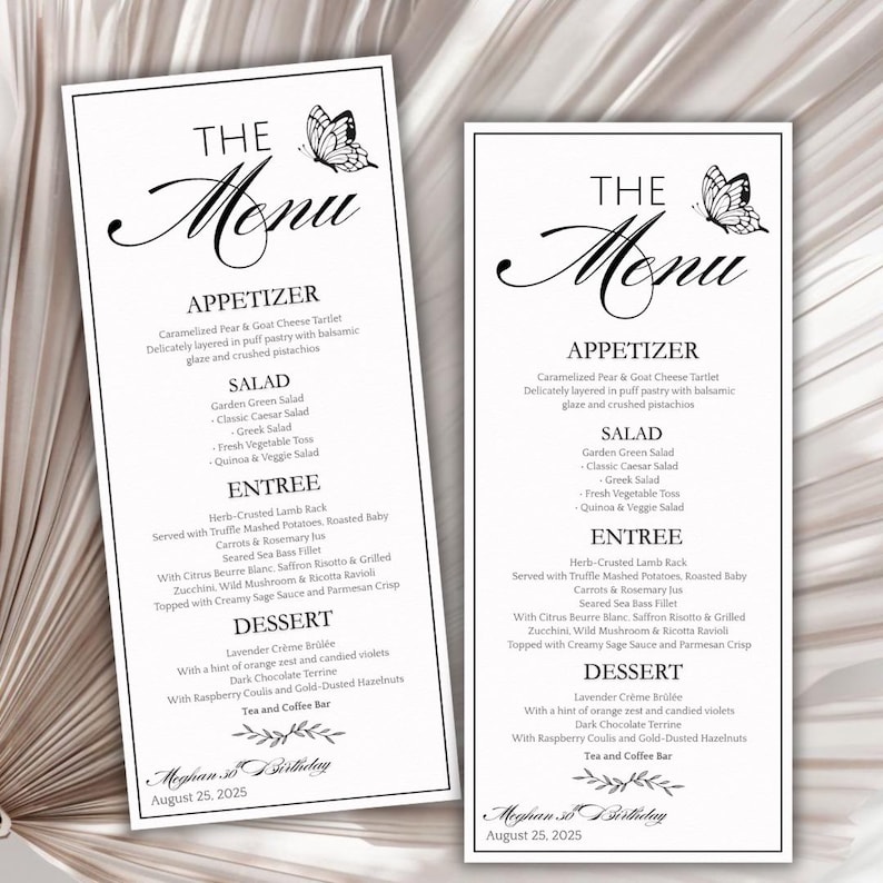 Dinner Food Menu Card TEMPLATE for Birthday or Wedding, Elegant ...