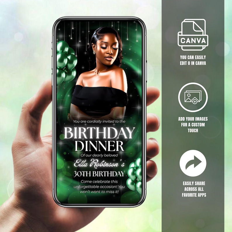 Green Gold Birthday Dinner Invitation, Animated Evite, Canva Editable ...