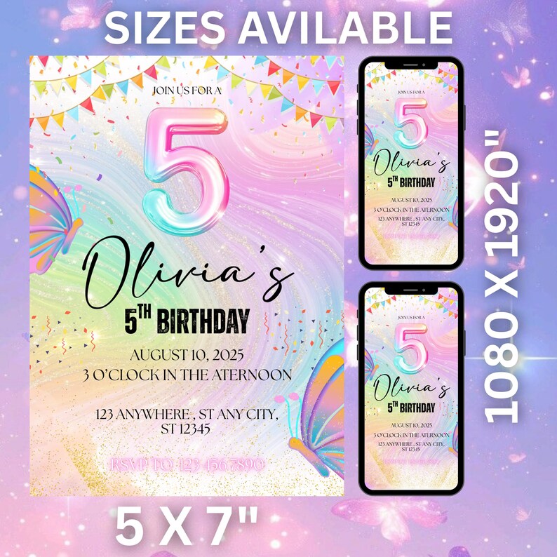 Rainbow Sequin 5th Birthday Invitation, Pink Five Birthday Invitation ...