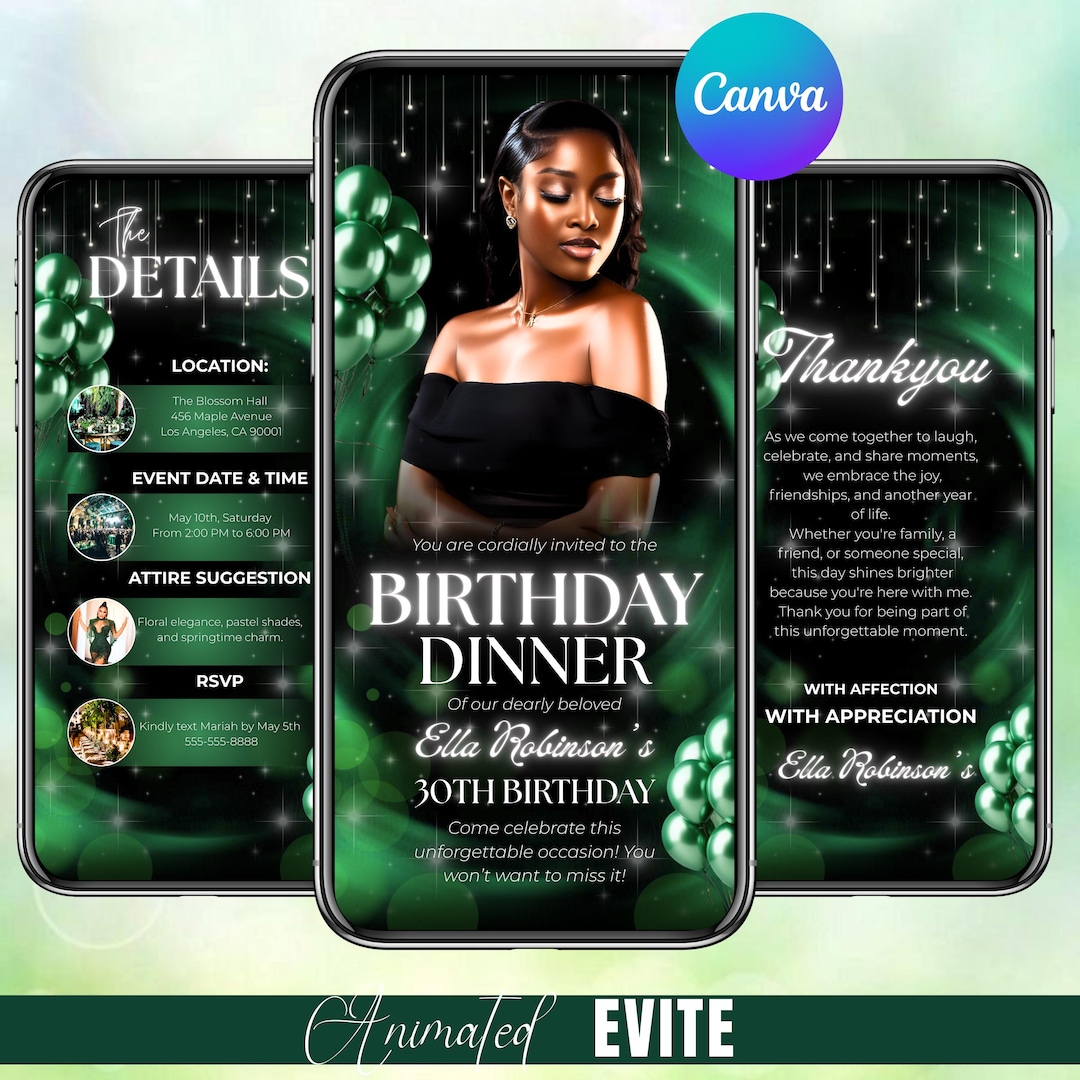 Green Gold Birthday Dinner Invitation, Animated Evite, Canva Editable ...