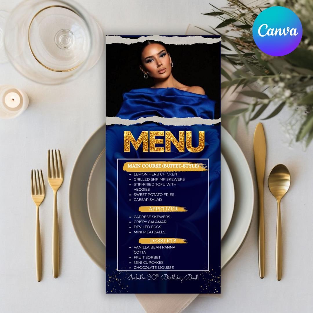 Birthday Menu Template Blue, Printable Birthday Dinner Party Menu Gold ...