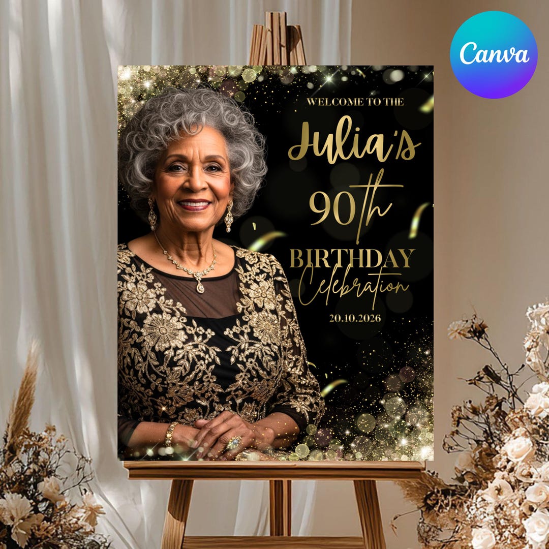 90th Birthday Welcome Sign, Elegant Party Decor, Canva Editable Poster ...