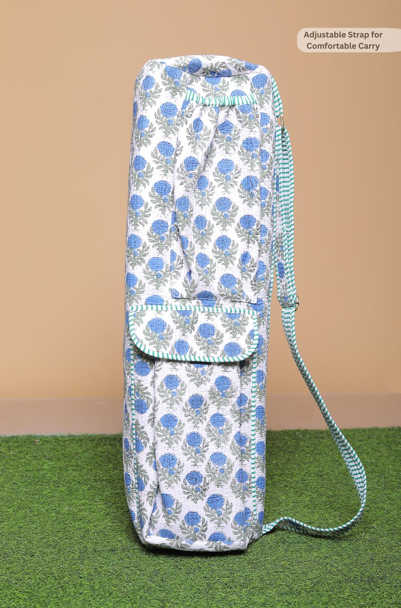 Quilted Cotton Floral Yoga Mat Bag With Bottle Holder, Adjustable Sling ...
