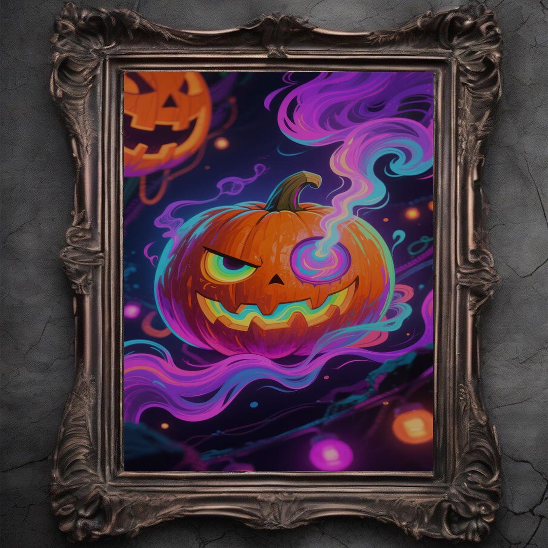 Neon Pumpkin Smoke Art Print – Psychedelic Halloween Wall Decor ...