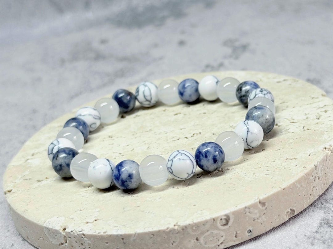 Lapis Lazuli & White Turquoise Bracelet: Handmade Marble Pattern Beaded ...