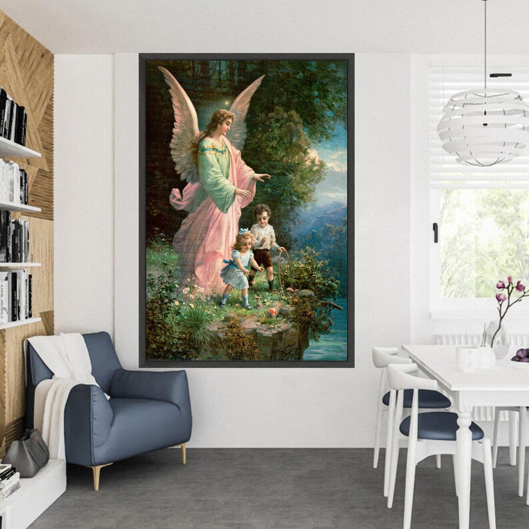 Guardian Angel Watching Over Children, Vintage Spiritual Canvas Wall ...