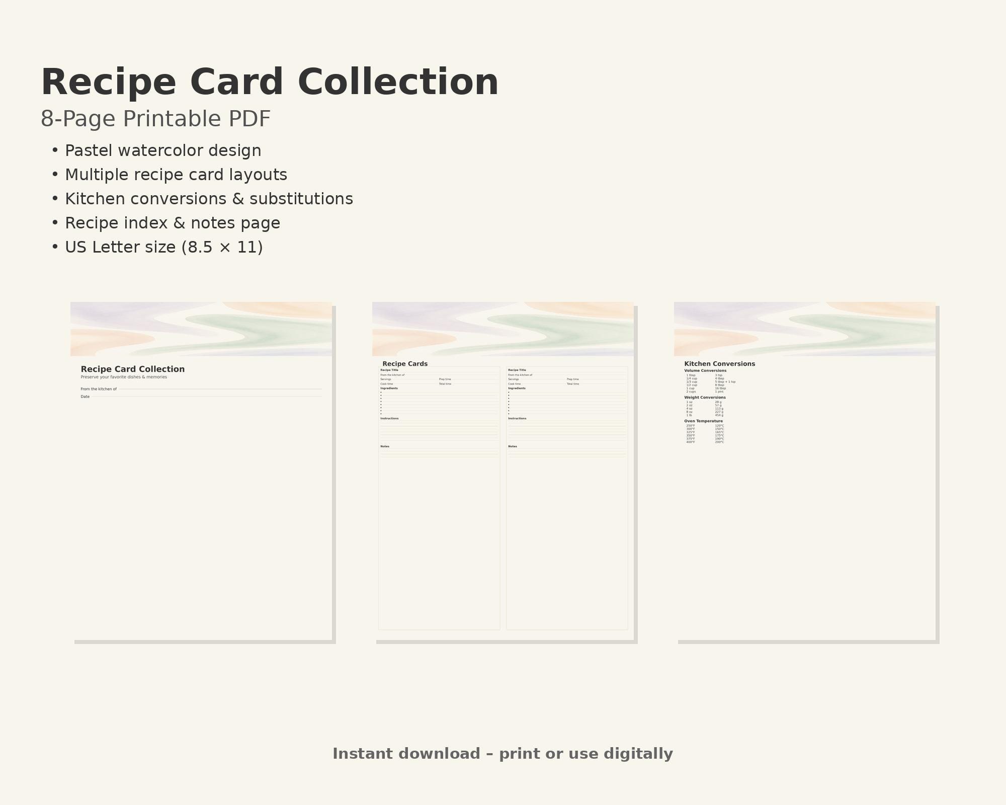 Recipe Card Collection | Printable Recipe Binder Pages | Kitchen ...