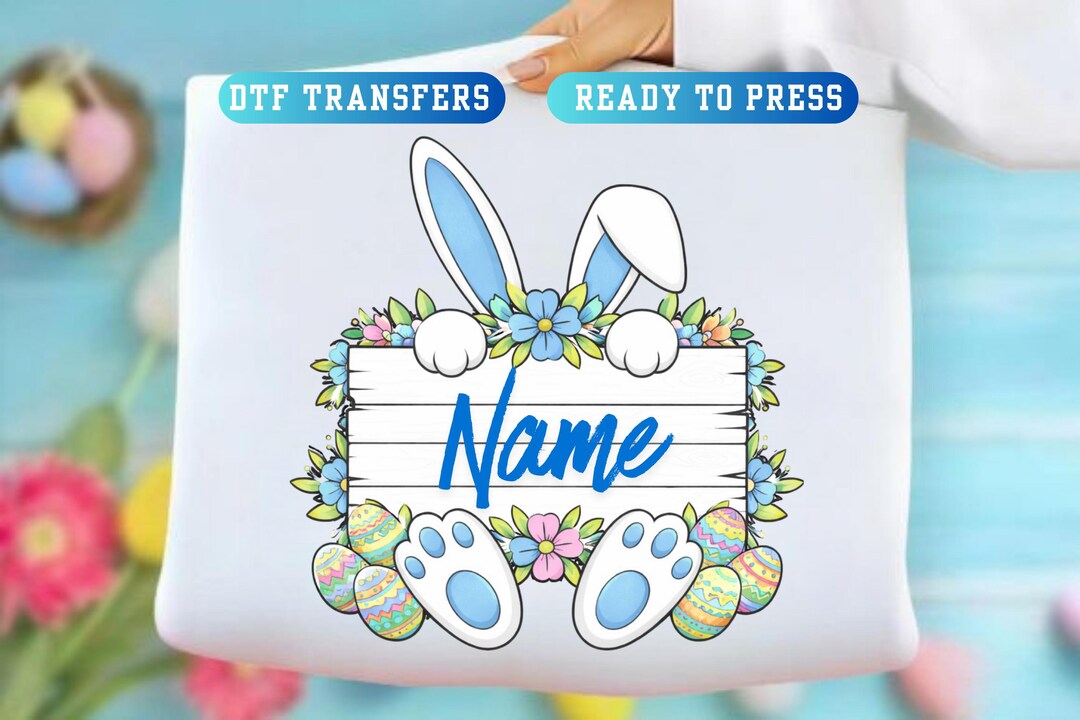 Easter Bunny DTF Transfer: Custom Name, Soft Pastel Flowers - Ready to ...