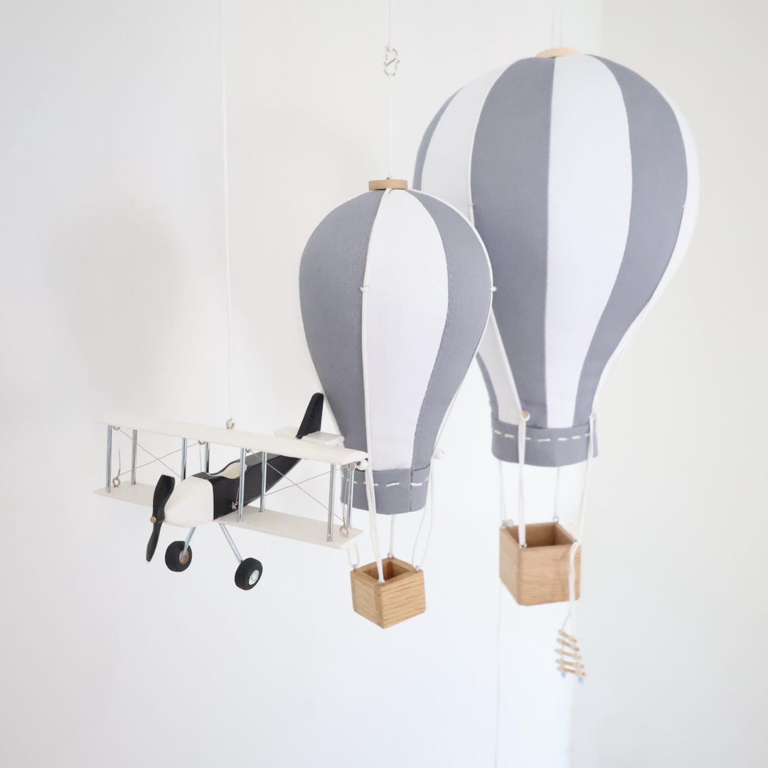 Hot Air Balloon and Wooden Airplane Hanging Nursery Decor Set, Neutral ...