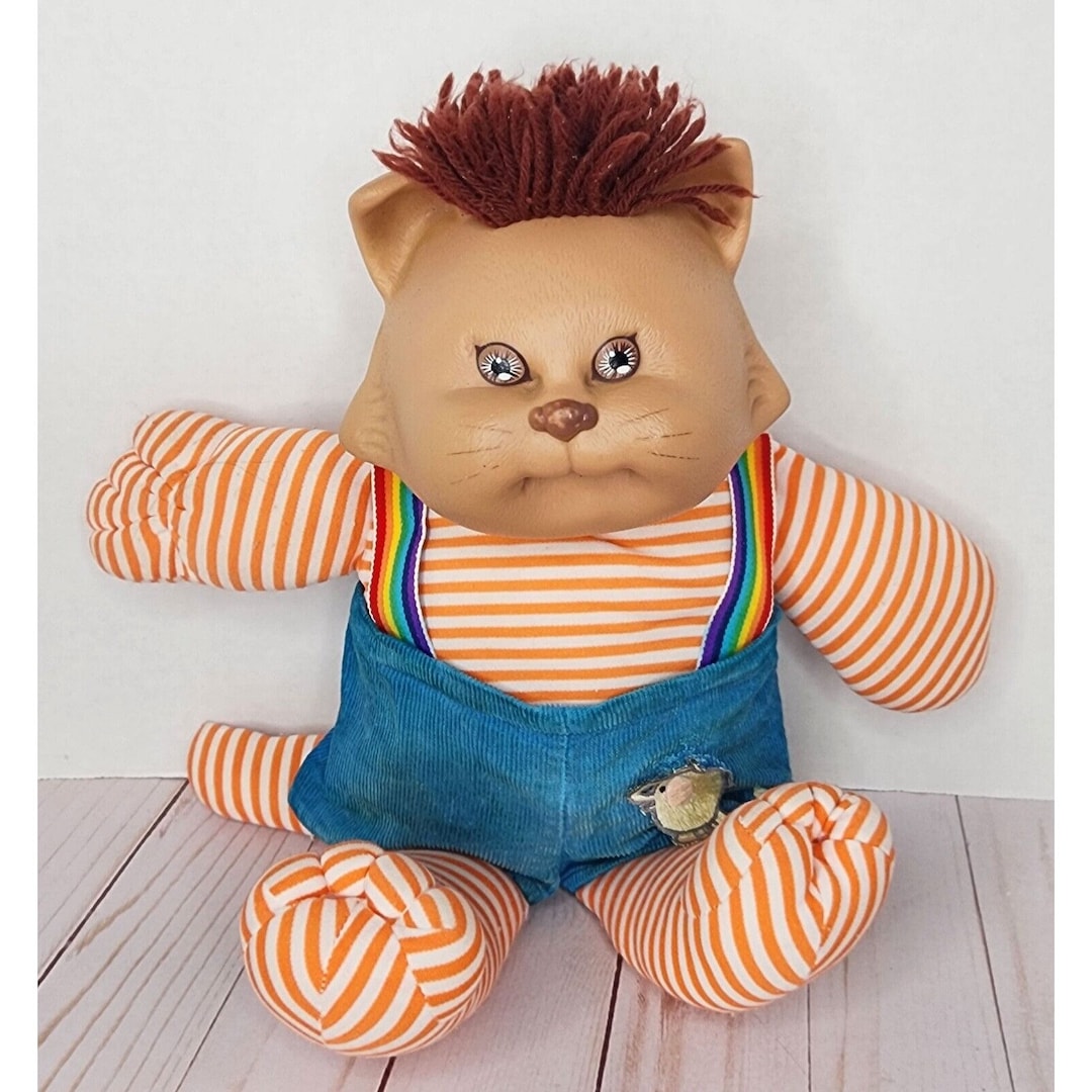 1980s Cabbage Patch Kid Koosas Brown Cat Blue Overalls Orange Stripes ...