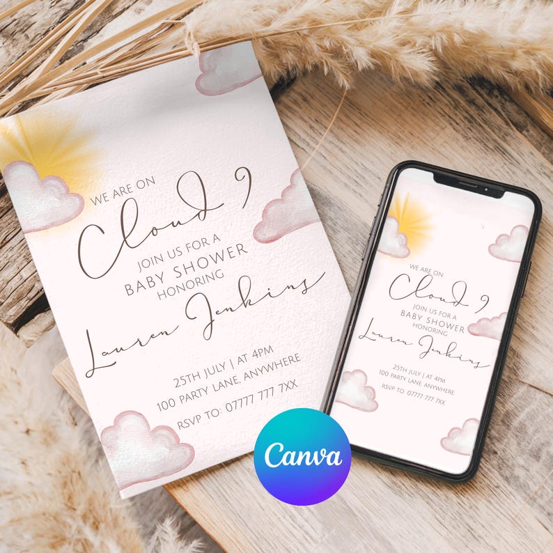 Cloud 9 Baby Shower Invitation, Girl Cloud Baby Shower Invite, Editable ...