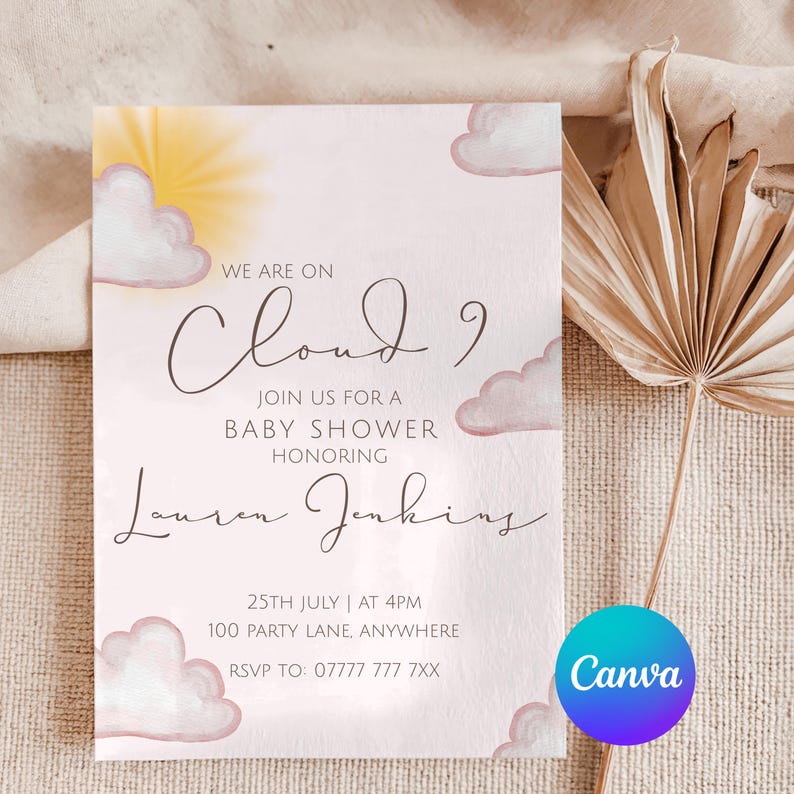 Cloud 9 Baby Shower Invitation, Girl Cloud Baby Shower Invite, Editable ...