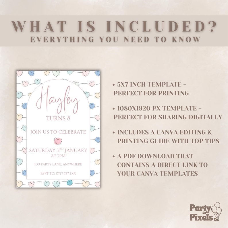 Editable Heart Birthday Invitation | Kids Party Invite | Pastel Hearts ...