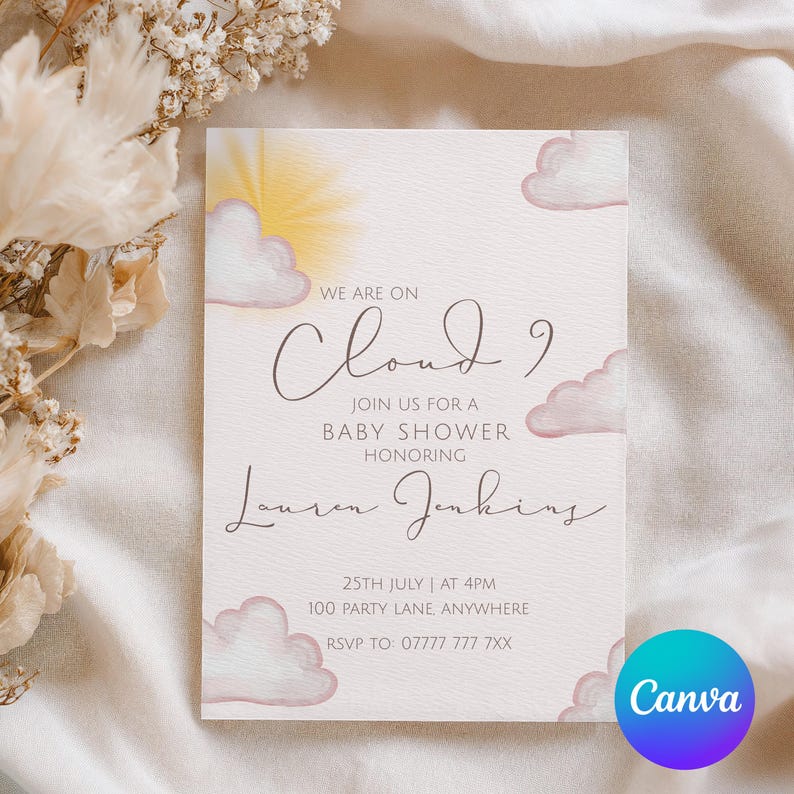 Cloud 9 Baby Shower Invitation, Girl Cloud Baby Shower Invite, Editable ...