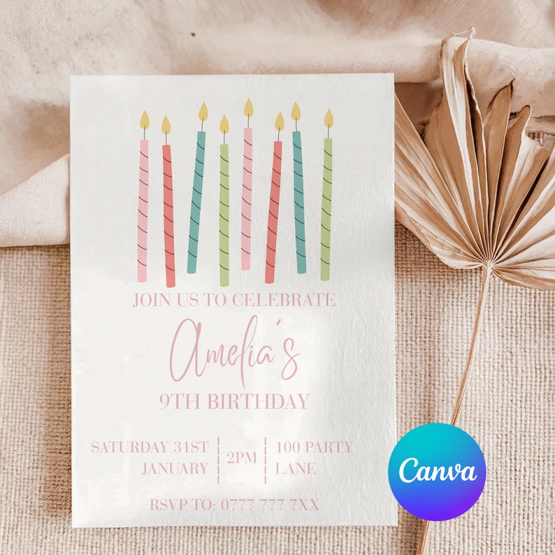Editable Candle Birthday Invitation Template | Minimal Girls Party ...