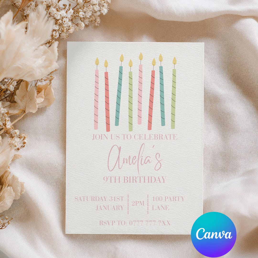 Editable Candle Birthday Invitation Template | Minimal Girls Party ...